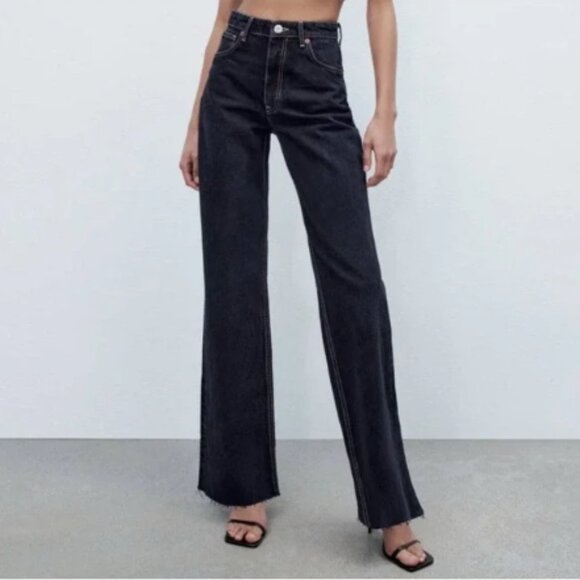 Zara | Jeans | Zara Wide Leg Blue High Rise Dark Wash Raw Hem Jeans ...